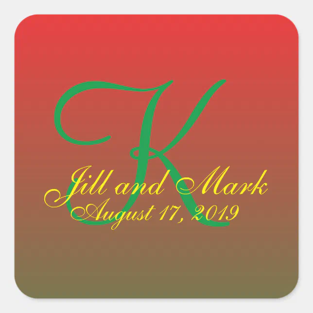 Elegant Red Custom Budget Monogram Wedding Square Sticker | Zazzle