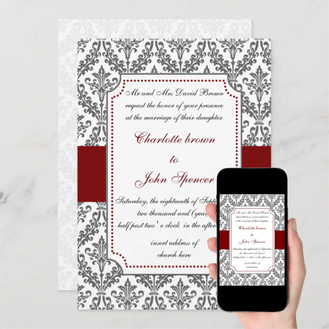 elegant red ,damask wedding invitation | Zazzle
