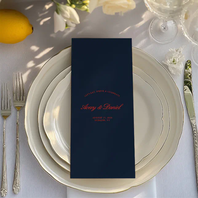 Elegant Red & Dark Black Blue Wedding Menu | Zazzle