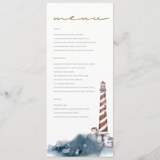 ELEGANT RED DUSKY BLUE LIGHTHOUSE SEA WAVE WEDDING MENU | Zazzle.com