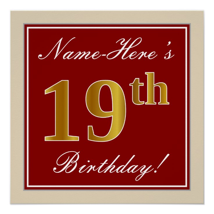 Elegant, Red, Faux Gold 19th Birthday; Custom Name Poster | Zazzle