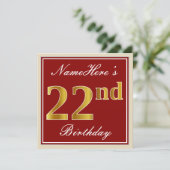 Elegant, Red, Faux Gold 22nd Birthday; Custom Name Invitation | Zazzle