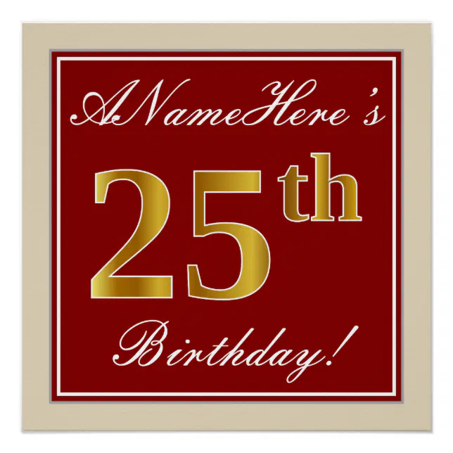 Elegant, Red, Faux Gold 25th Birthday; Custom Name Poster | Zazzle