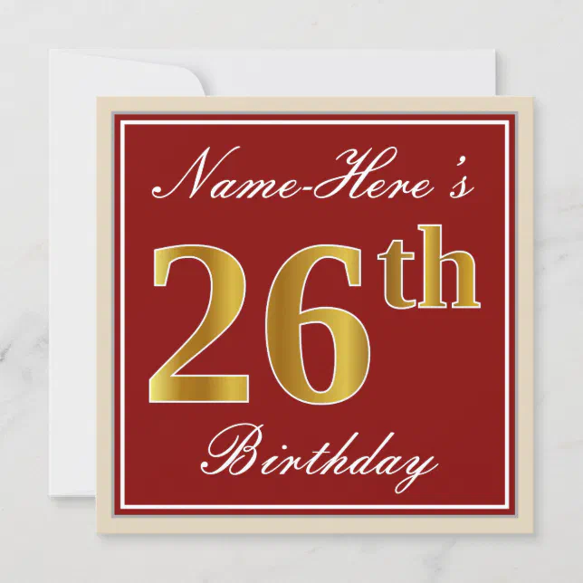 Elegant, Red, Faux Gold 26th Birthday; Custom Name Invitation | Zazzle