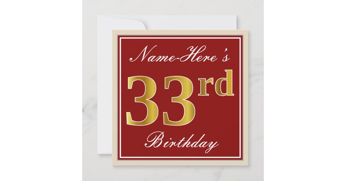 Elegant, Red, Faux Gold 33rd Birthday; Custom Name Invitation | Zazzle
