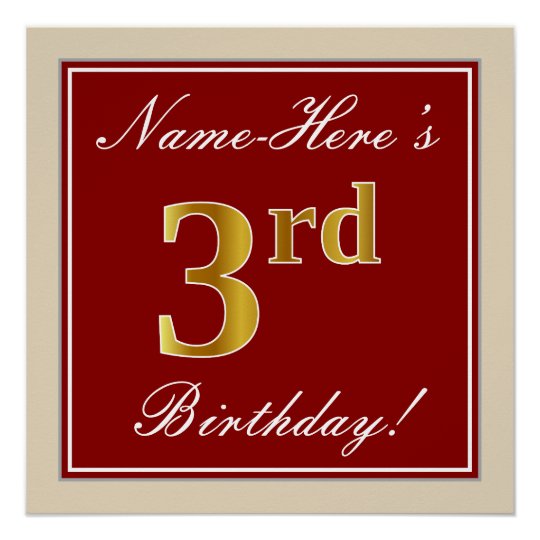 Elegant, Red, Faux Gold 3rd Birthday + Custom Name Poster | Zazzle.com