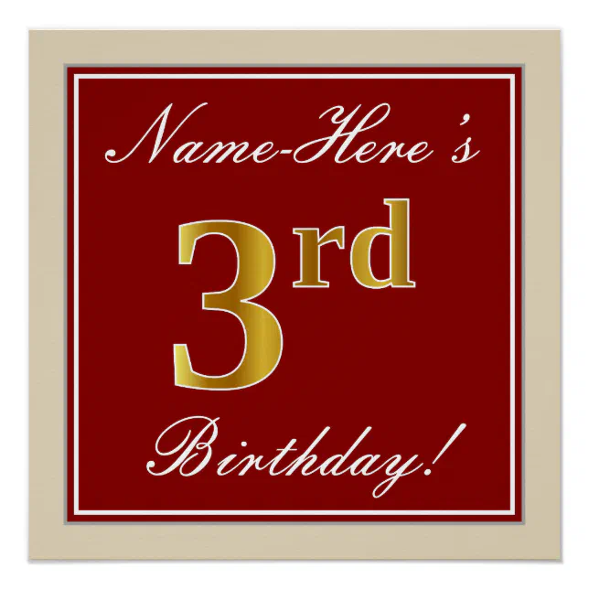 Elegant, Red, Faux Gold 3rd Birthday + Custom Name Poster | Zazzle