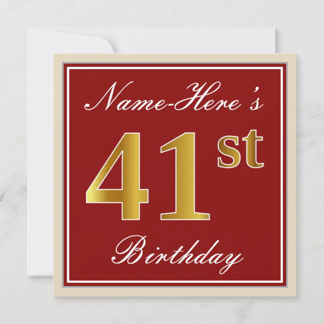 Elegant, Red, Faux Gold 41st Birthday; Custom Name Invitation | Zazzle