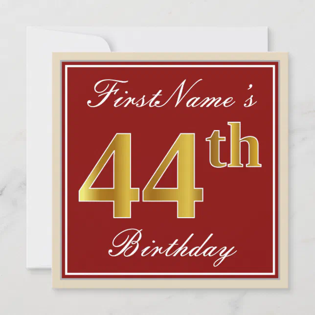 Elegant, Red, Faux Gold 44th Birthday; Custom Name Invitation | Zazzle