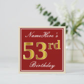 Elegant, Red, Faux Gold 53rd Birthday; Custom Name Invitation | Zazzle