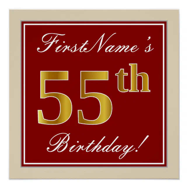 Elegant, Red, Faux Gold 55th Birthday; Custom Name Poster | Zazzle