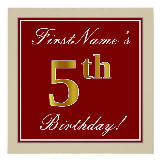 Elegant, Red, Faux Gold 5th Birthday + Custom Name Poster | Zazzle
