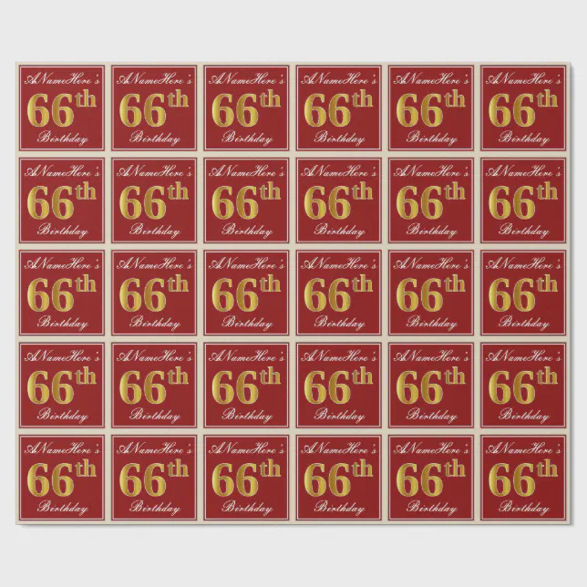 Elegant, Red, Faux Gold 66th Birthday; Custom Name Wrapping Paper | Zazzle