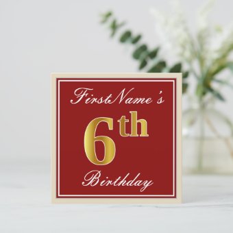 Elegant, Red, Faux Gold 6th Birthday + Custom Name Invitation | Zazzle