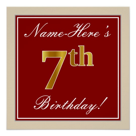 Elegant, Red, Faux Gold 7th Birthday + Custom Name Poster | Zazzle.com