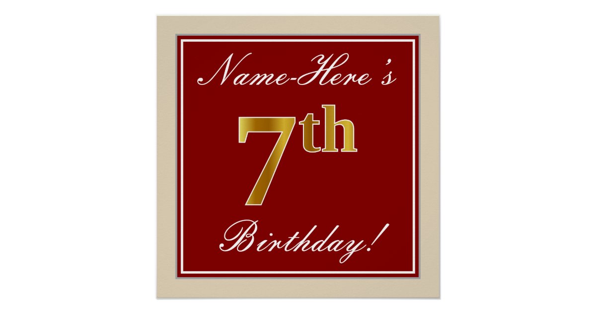 Elegant, Red, Faux Gold 7th Birthday + Custom Name Poster | Zazzle