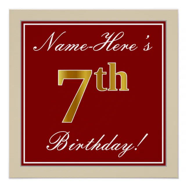 Elegant, Red, Faux Gold 7th Birthday + Custom Name Poster | Zazzle
