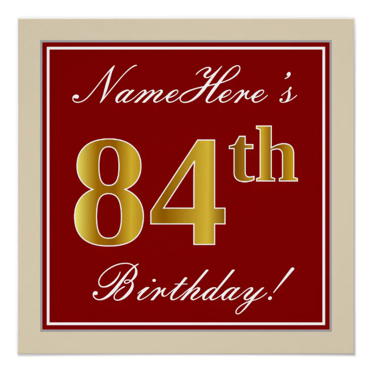 Elegant, Red, Faux Gold 84th Birthday; Custom Name Poster | Zazzle