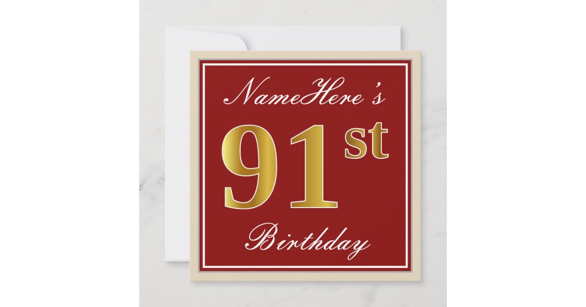 Elegant, Red, Faux Gold 91st Birthday; Custom Name Invitation | Zazzle