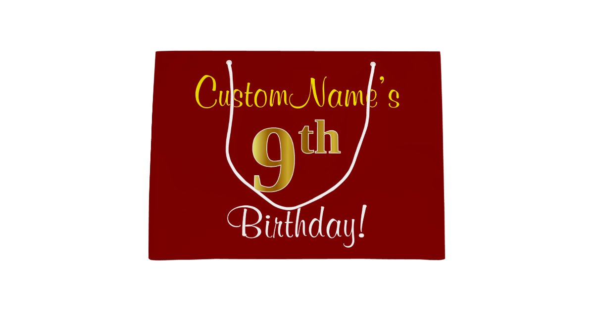Elegant, Red, Faux Gold 9th Birthday + Custom Name Large Gift Bag | Zazzle