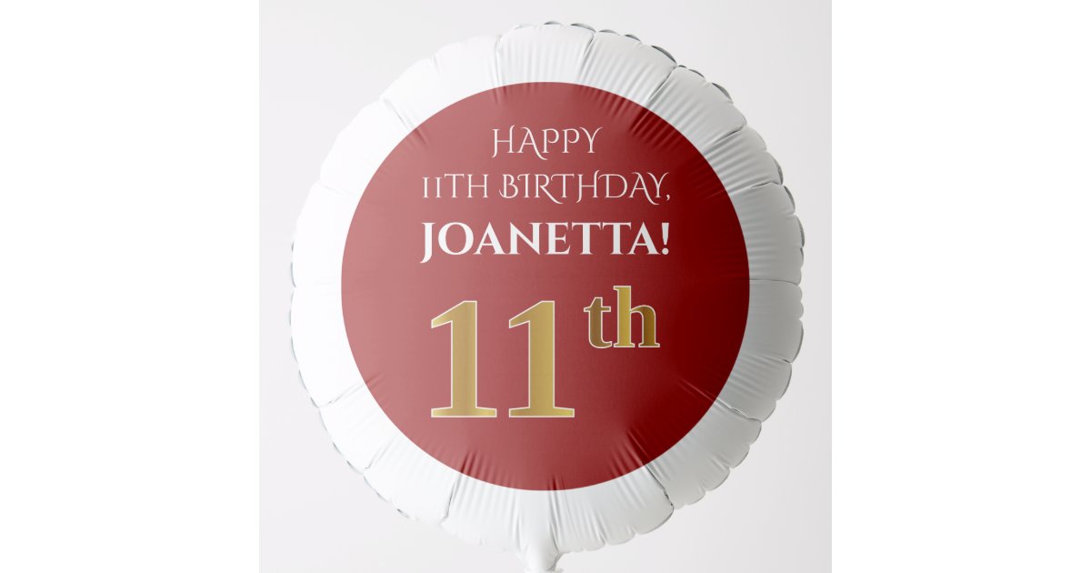 Elegant, Red, Faux Gold Look 11th Birthday Balloon | Zazzle
