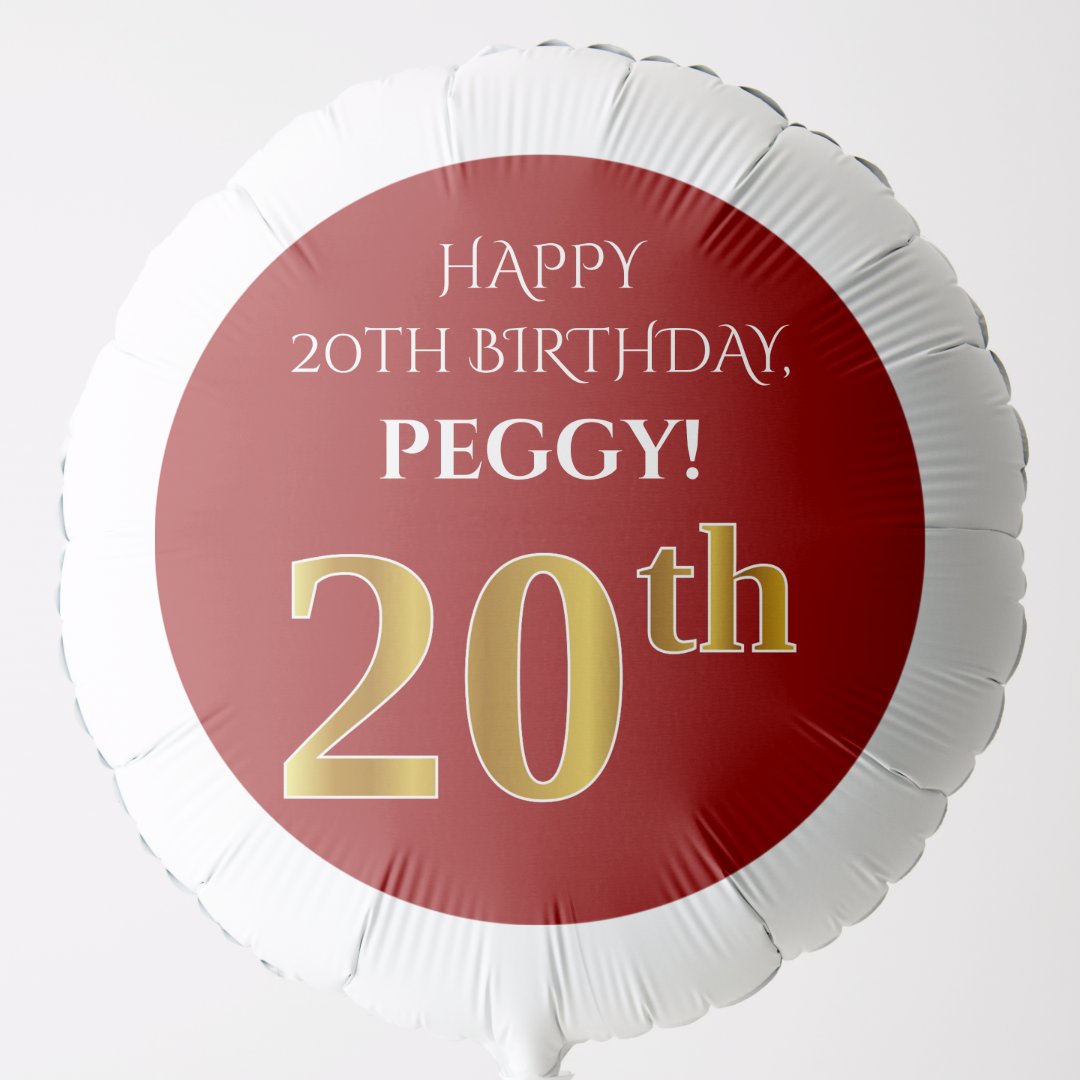 Elegant, Red, Faux Gold Look 20th Birthday Balloon | Zazzle