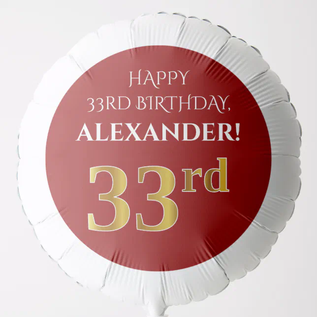 Elegant, Red, Faux Gold Look 33rd Birthday Balloon | Zazzle