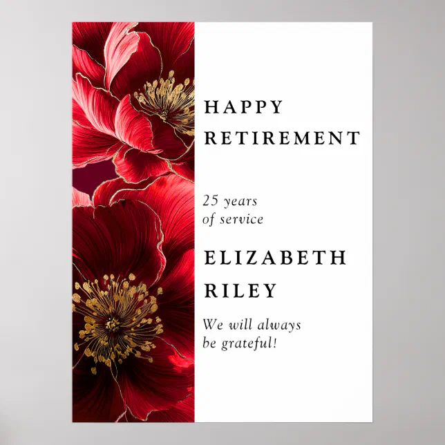 Elegant Red Floral Happy Retirement Welcome Sign | Zazzle