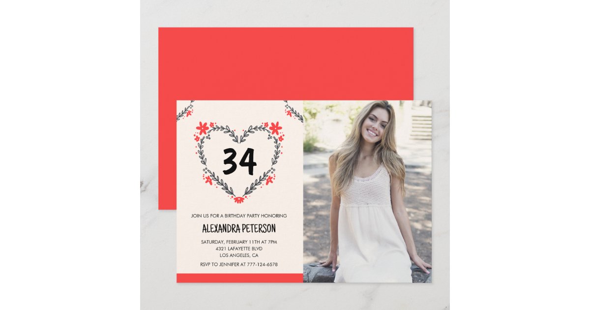 Elegant Red Floral Heart for her 34th birthday Invitation | Zazzle