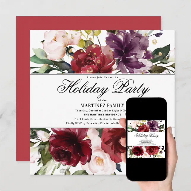 Elegant Red Floral Holiday Party Invitation | Zazzle