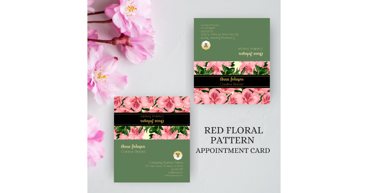 Elegant Red Floral Pattern Custom Name Business Appointment Card | Zazzle