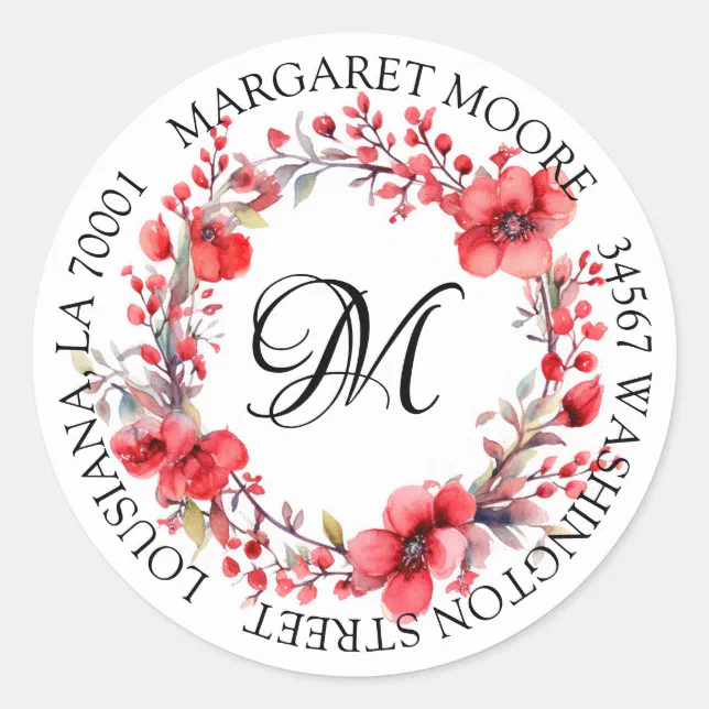 Elegant Red Floral Script Monogram Address Classic Round Sticker | Zazzle