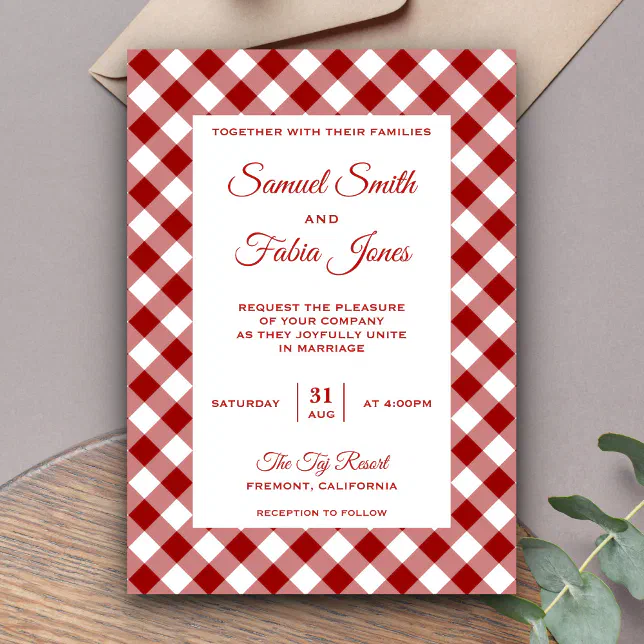 Elegant Red Gingham Pattern Wedding Invitation | Zazzle