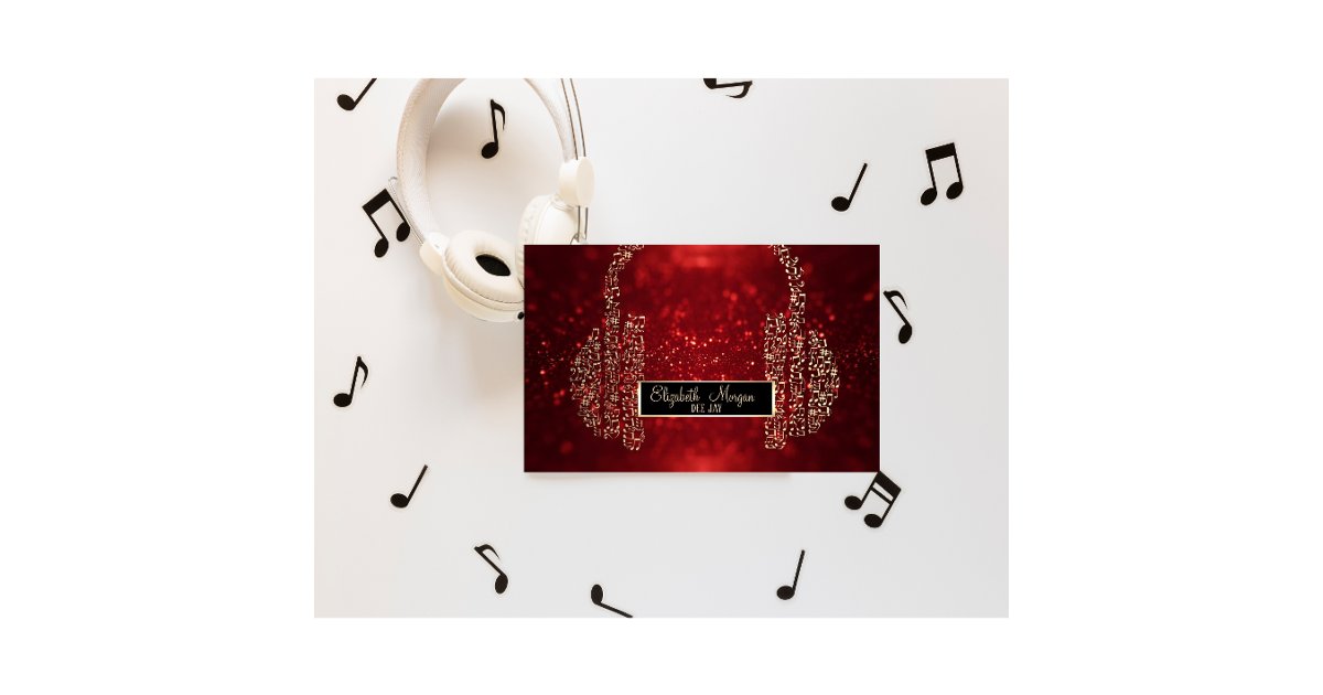 Elegant Red Glitter Bokeh,Music Notes Headphone DJ Business Card | Zazzle