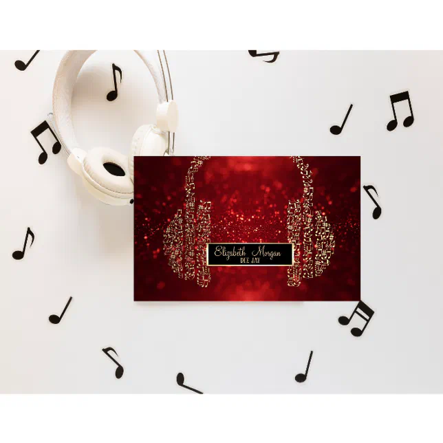 Elegant Red Glitter Bokeh,Music Notes Headphone DJ Business Card | Zazzle
