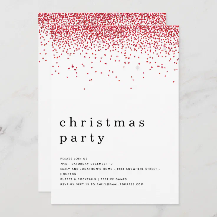 Elegant Red Glitter Christmas Party Invitation | Zazzle
