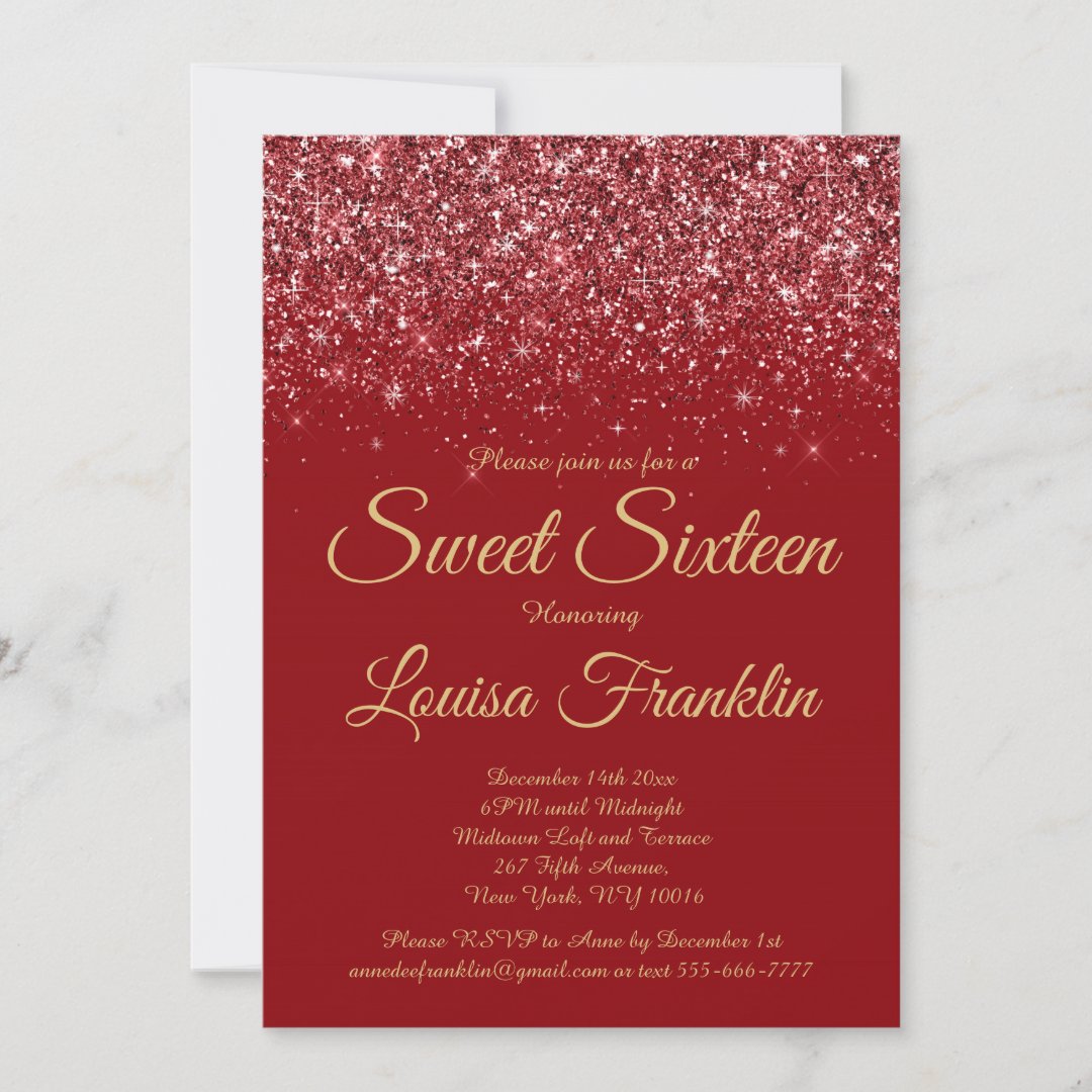 Elegant Red Glitter & Gold Sweet 16 Invitations | Zazzle