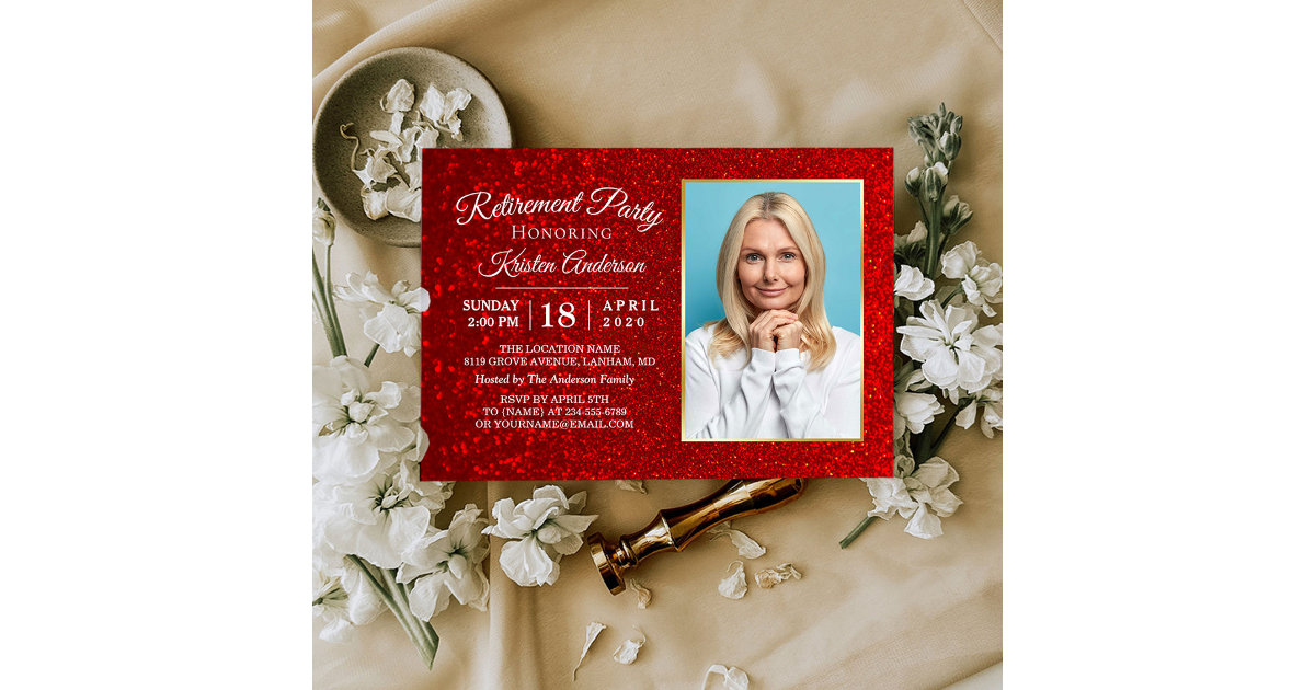 Elegant Red Glitter Photo Retirement Party Invitation | Zazzle