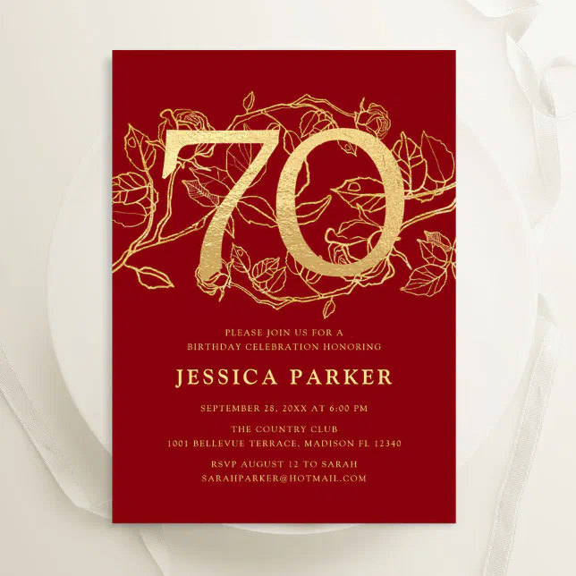 Elegant Red Gold 70th Birthday Invitation | Zazzle