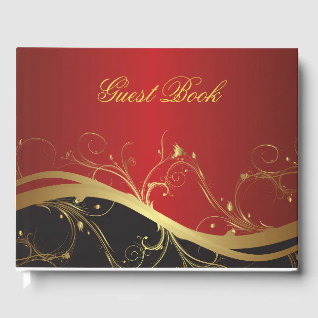 Elegant Red Gold and Black Guest Book | Zazzle