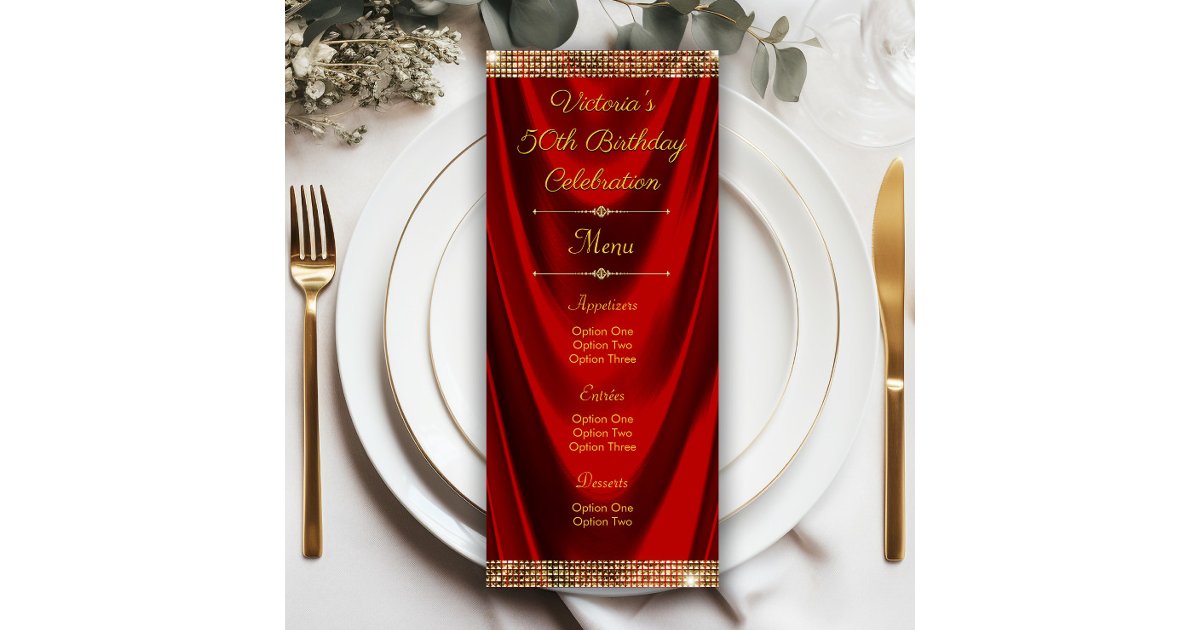 Elegant Red Gold Birthday Party Menu Programs | Zazzle