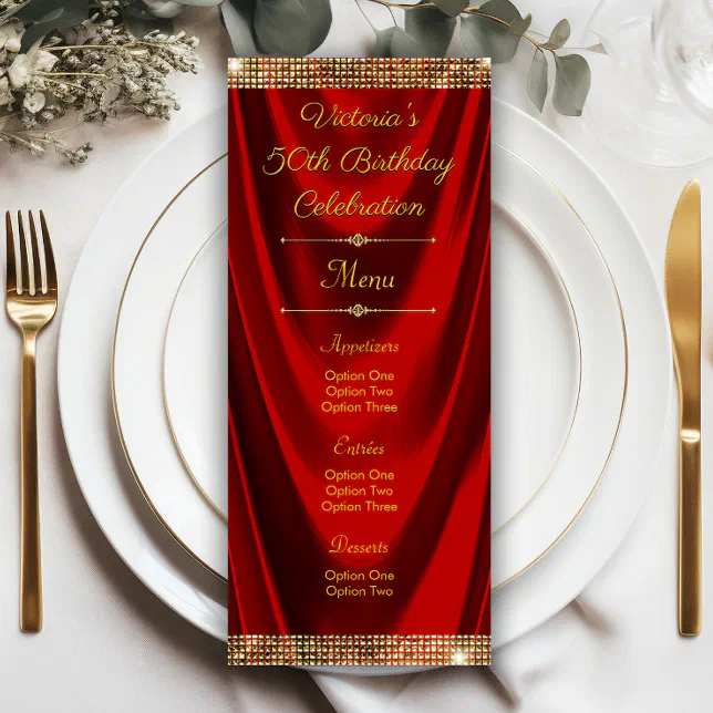 Elegant Red Gold Birthday Party Menu Programs | Zazzle
