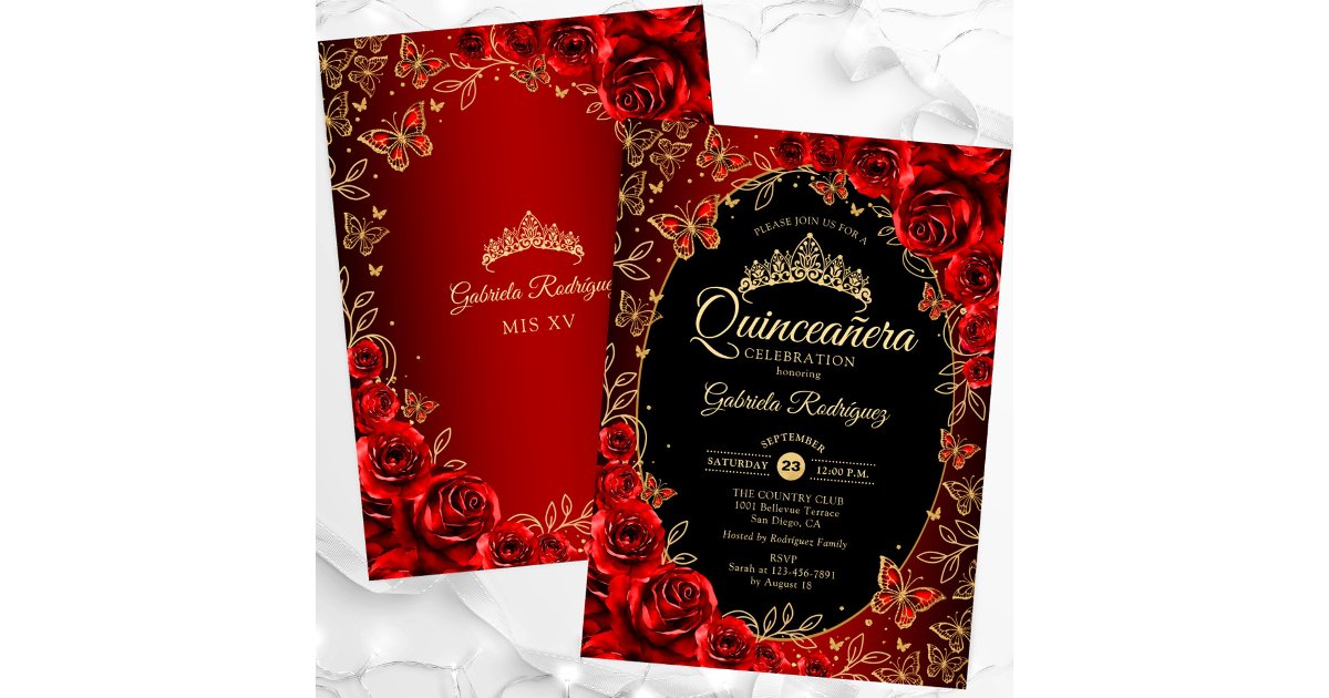 Elegant Red Gold Black Quinceanera Invitation | Zazzle