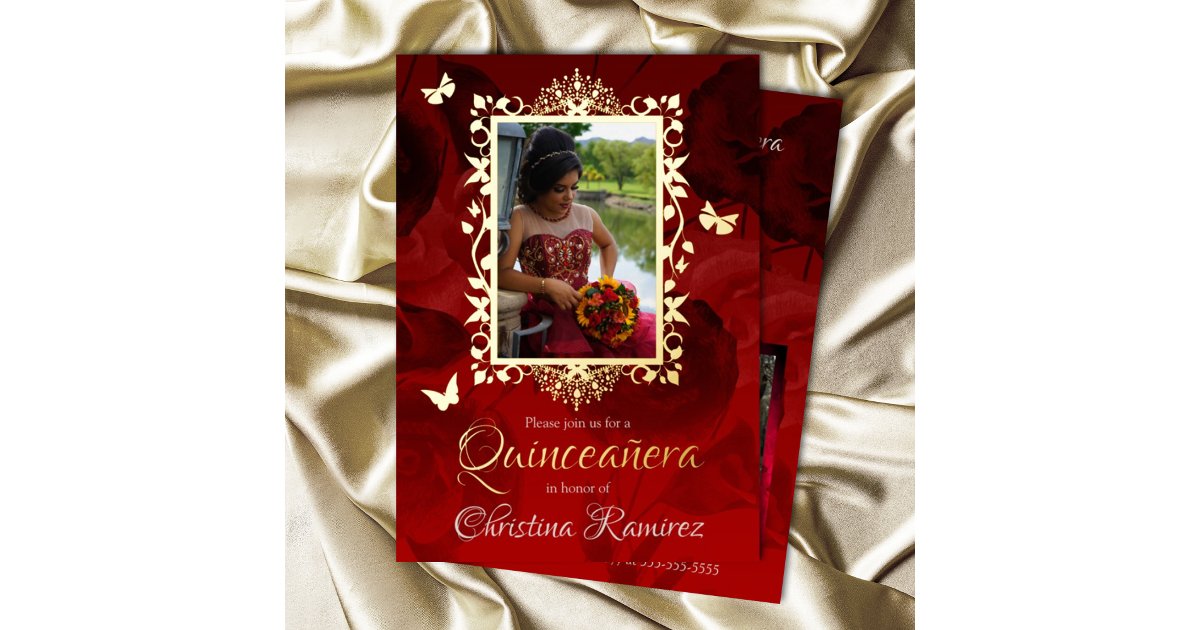 Elegant Red, Gold Butterflies Quinceanera Foil Invitation | Zazzle