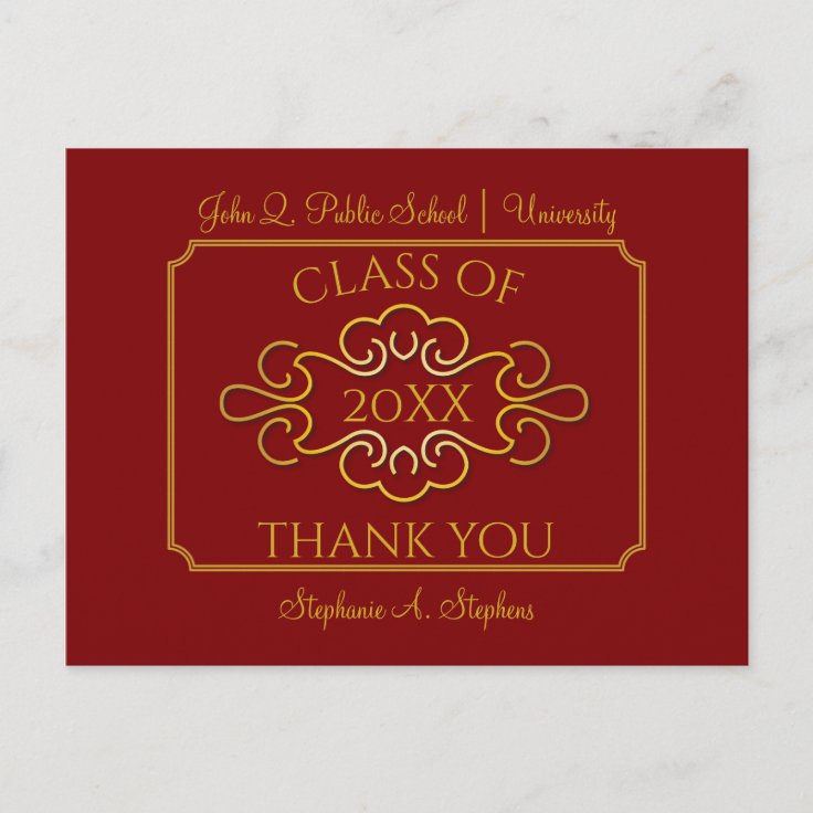 Elegant Red | Gold College Graduation Thank You Postcard | Zazzle