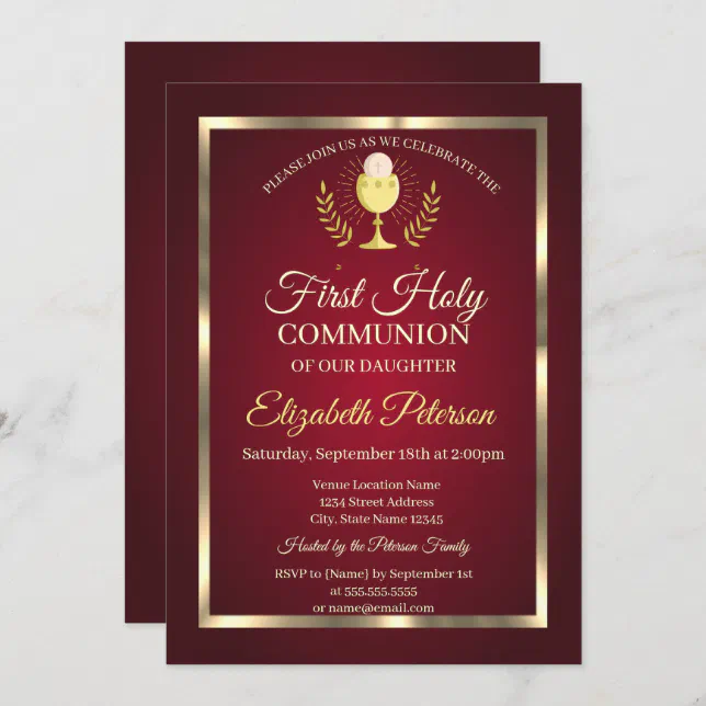 Elegant Red Gold Frame First Holy Communion Invitation | Zazzle