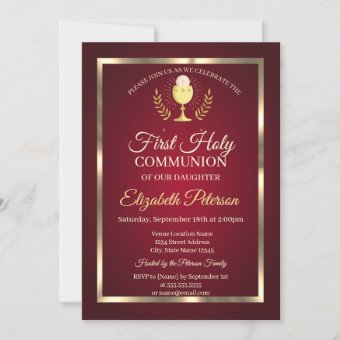 Elegant Red Gold Frame First Holy Communion Invitation | Zazzle