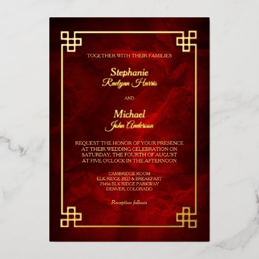 Elegant Red Gold Frame Wedding Foil Invitation | Zazzle