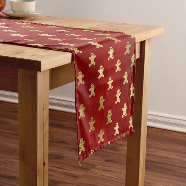 Elegant Red & Gold Gingerbread Man Christmas Short Table Runner | Zazzle
