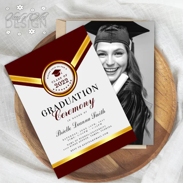 Elegant Red Gold Graduation Ceremony Invitation | Zazzle